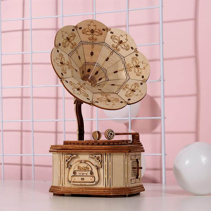 Plywood Gramophone Model Kit — Light Tan & Dark Brown, 122-Piece DIY D ...